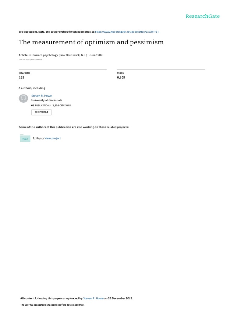 Optimism And Pessimism Scale Demberetal 1989 Pdf Optimism
