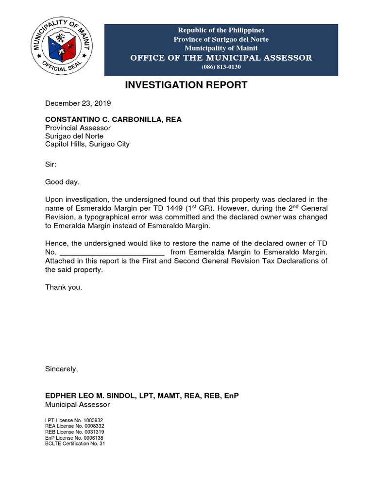 Investigation Report | PDF | Property | Social Institutions