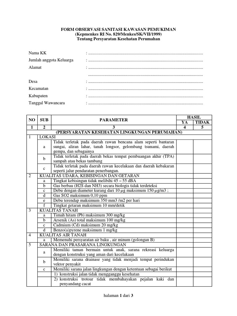 Form Observasi Sanitasi Kawasan Pemukiman | PDF