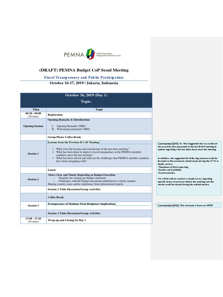 (Skeleton) B-CoP Jakarta Meeting Agenda Suggested by PEMNA | PDF ...