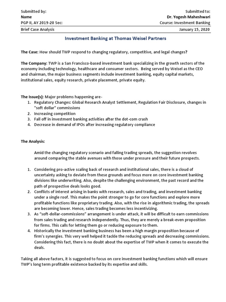 Case Analysis of Investment Banking at Thomas Weisel Partners | PDF | Investment Banking | Banks