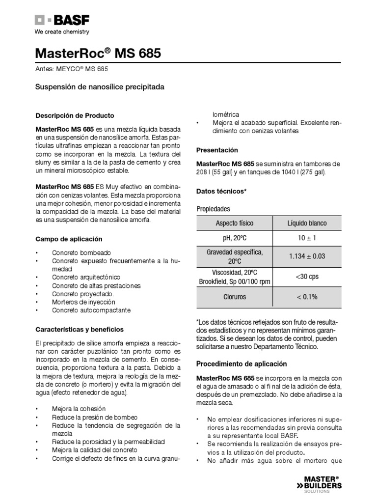 Basf-Masterroc-Ms-685-Tds BASF | PDF | Hormigón | Química