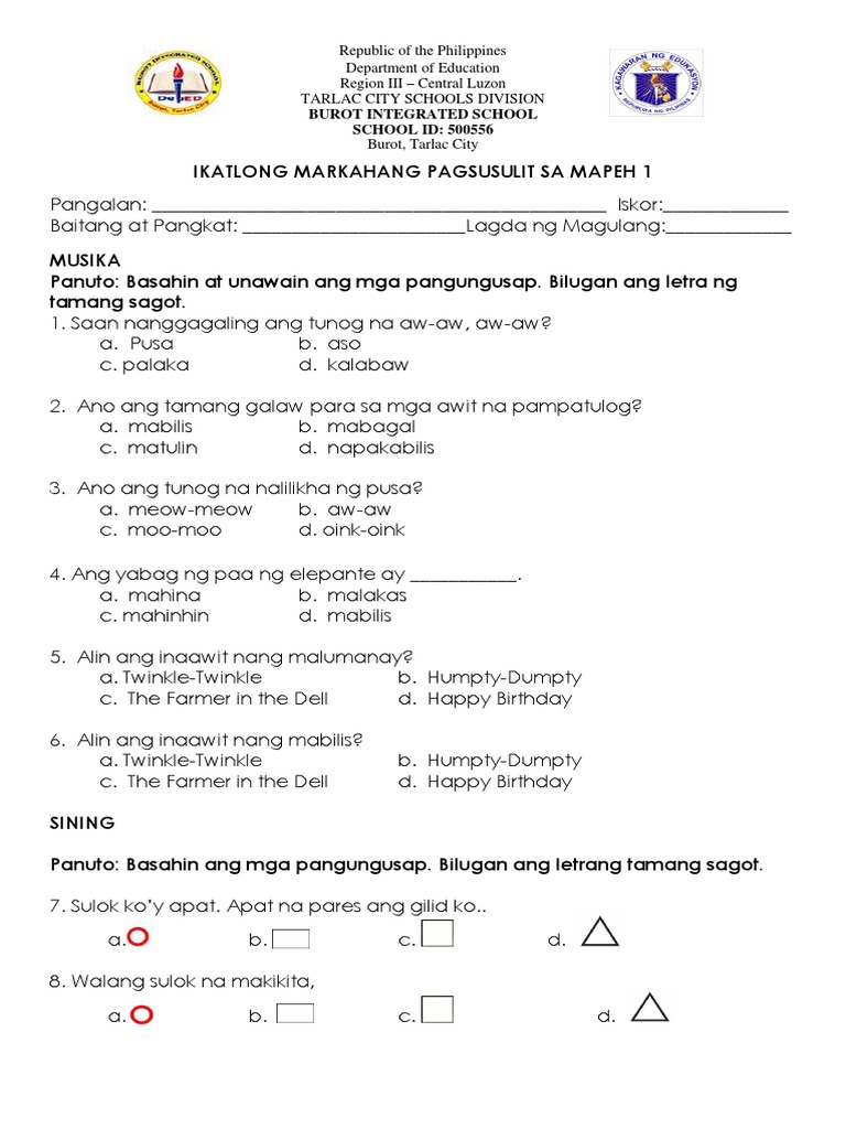 3rd Quarter Test MAPEH | PDF