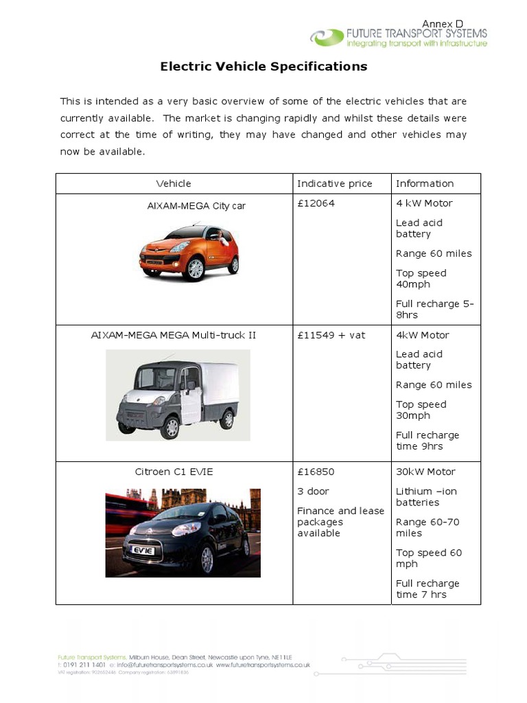 Electric Vehicle Specifications Overview | PDF | Electric Vehicle ...