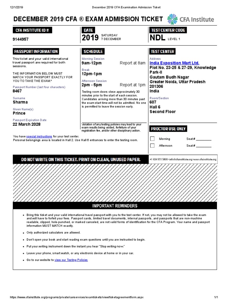 December 2019 CFA Examination Admission Ticket-Edited PDF | PDF ...