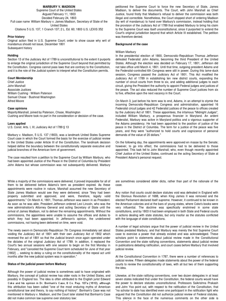 Marbury V Madison | PDF | Marbury V. Madison | Supreme Courts
