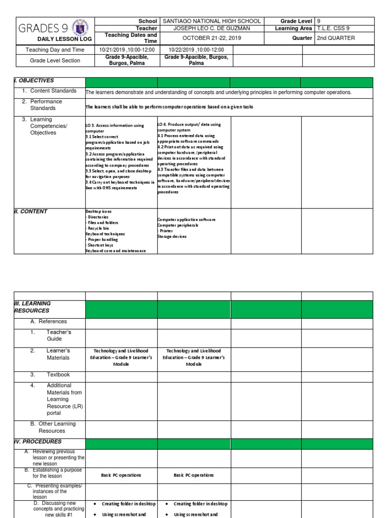 Grade 9 TLE CSS Lesson Plan | PDF | Application Software | Computer Keyboard