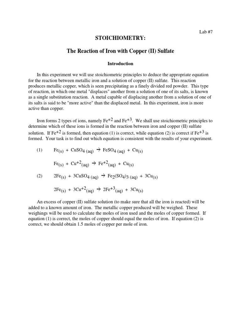 Stoichiometry The Reaction of Iron With Copper (II) Sulfate PDF | PDF ...