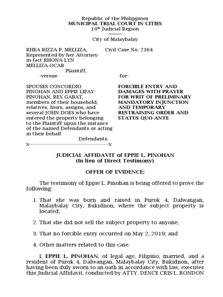 Judicial Affidavit Eppie L Pinohan | PDF | Affidavit | Injunction