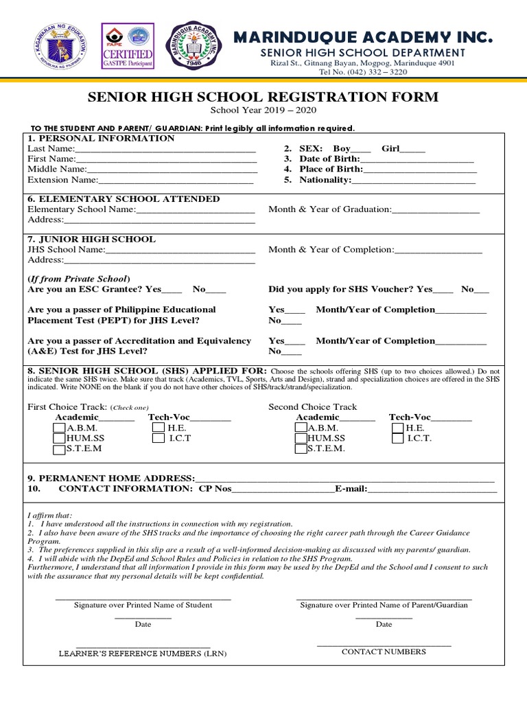 Senior High School Registration Form | PDF | Schools | Social Institutions