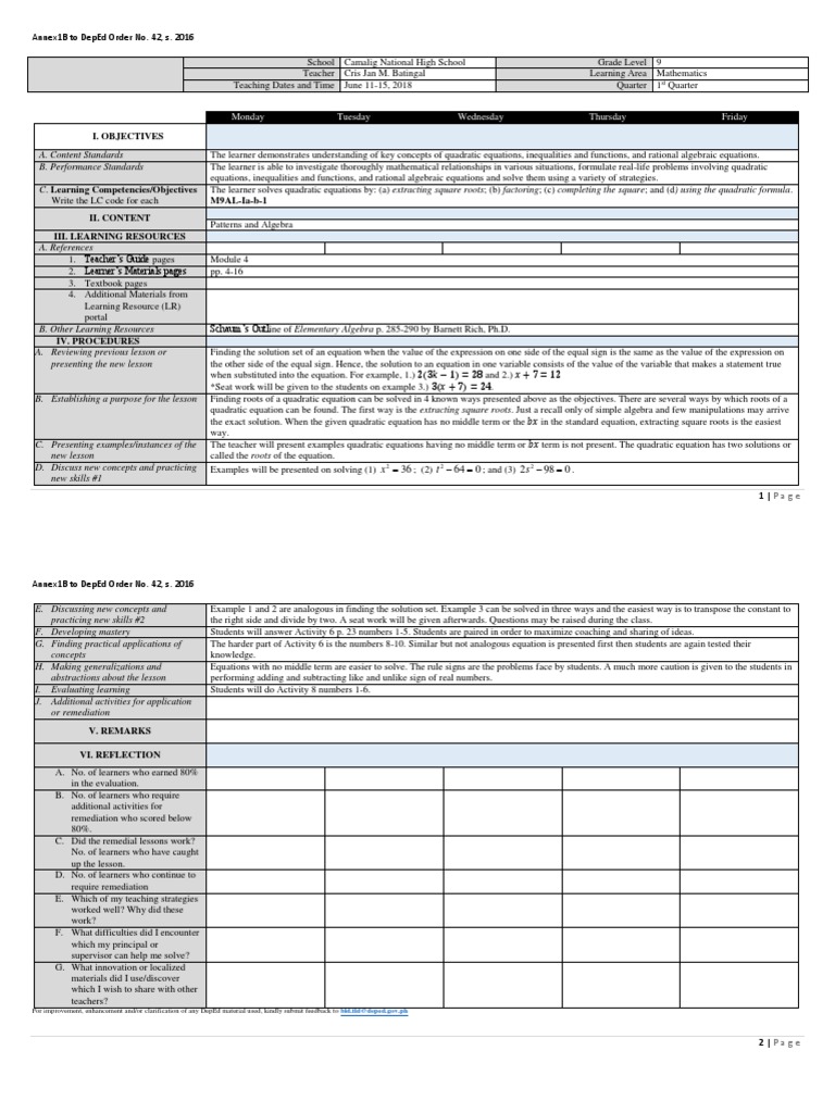 DLL Grade 9 Math Q1 Week 2 | PDF | Quadratic Equation | Equations
