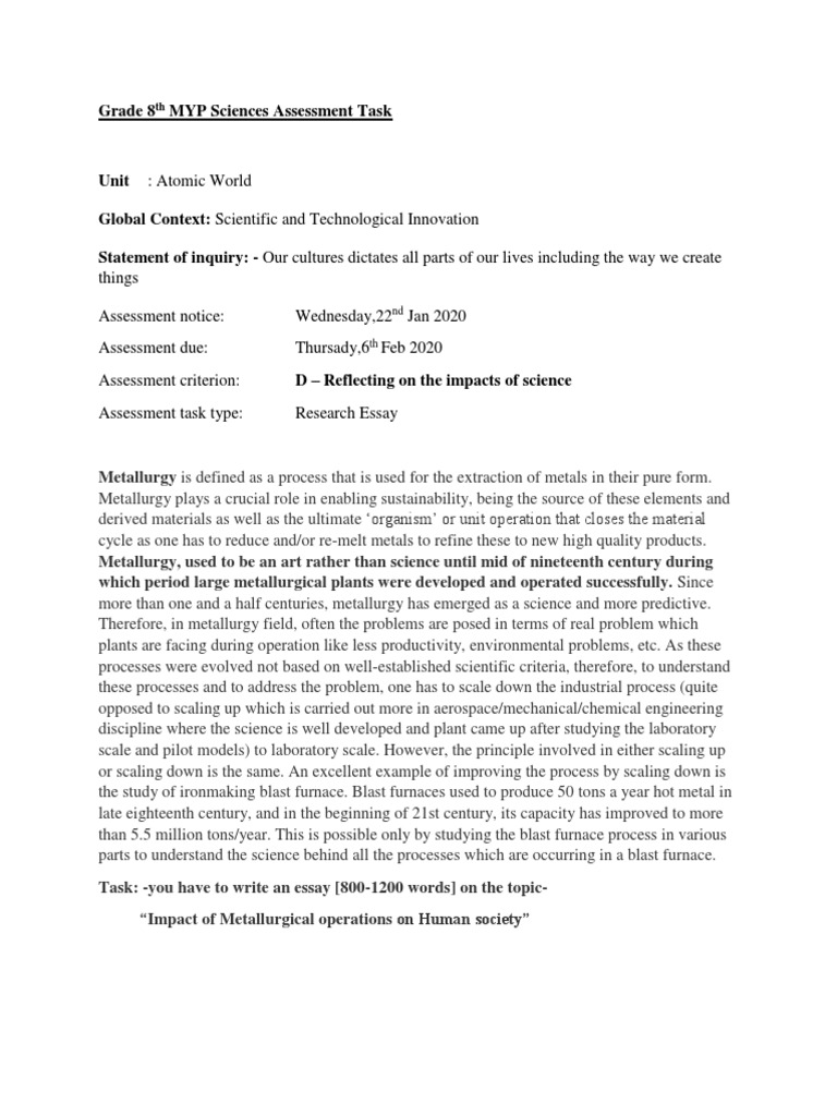 MYP 3 Criterion D-Metallurgy | PDF | Metallurgy | Science