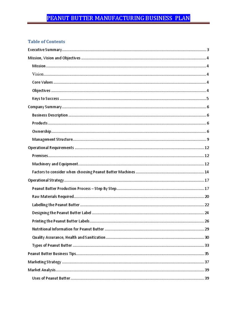 Contents Table Peanut Butter Manufacturing Business Plan PDF | PDF | Business Plan | Peanuts