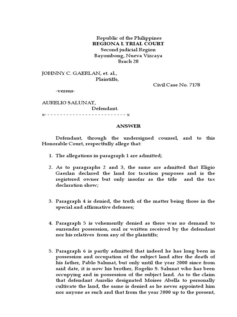 Answer To Civil Complaint | PDF | Cause Of Action | Lawsuit