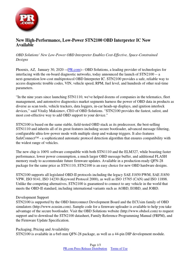 New High-Performance, Low-Power STN2100 OBD Interpreter IC Now ...