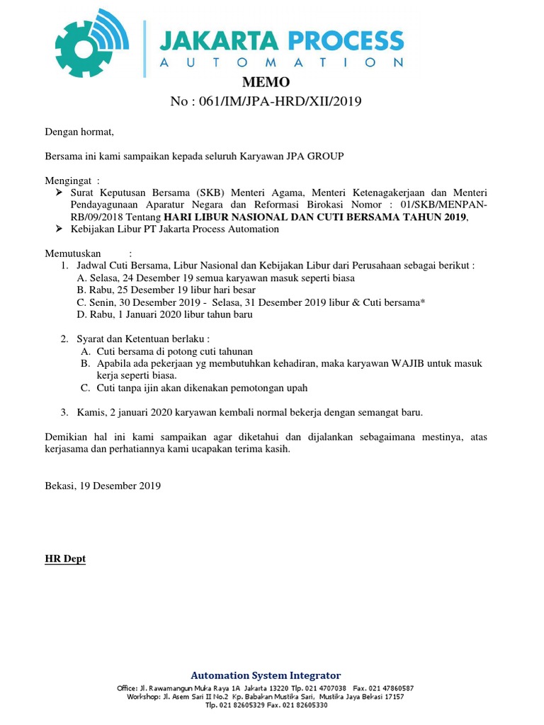 Internal Memo Cuti Dan Libur | PDF