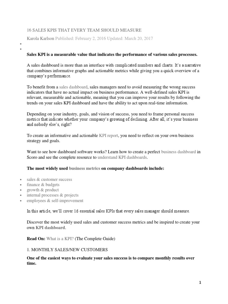 16 Sales KPIs That Every Team Should Measure | PDF | Performance ...