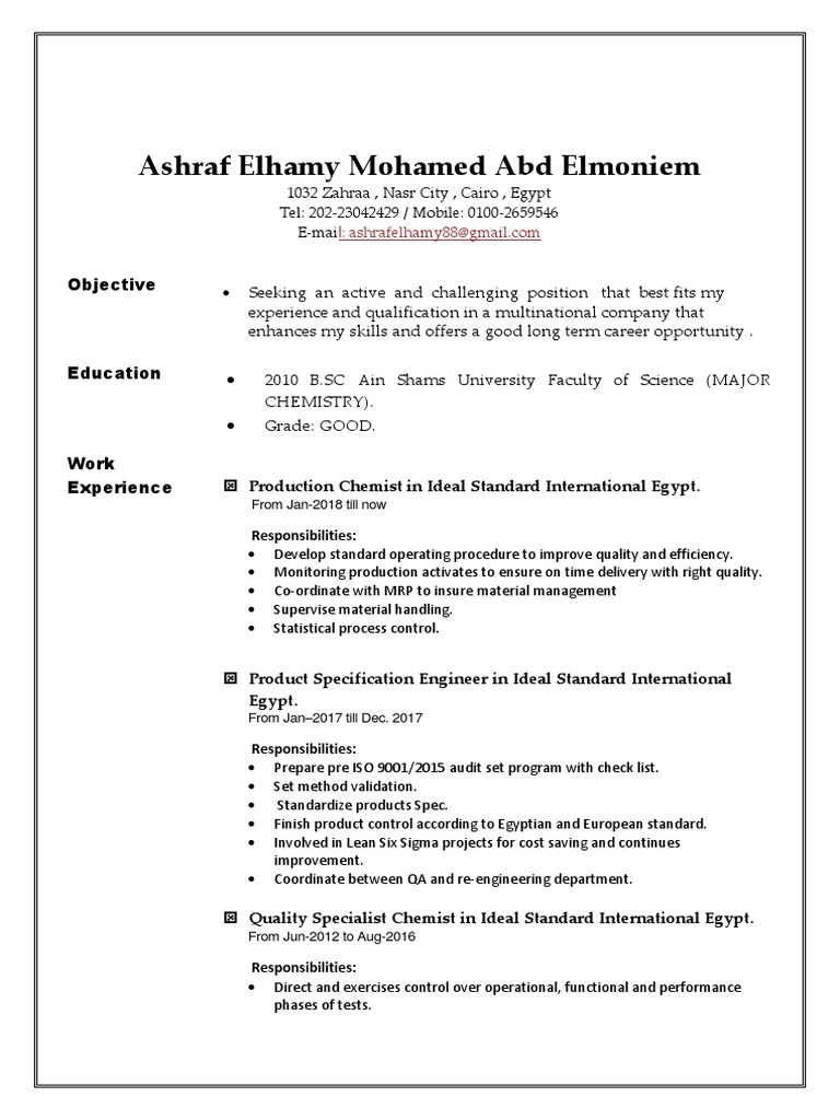 CV - Ashraf Elhamy | PDF | Six Sigma | Chemist