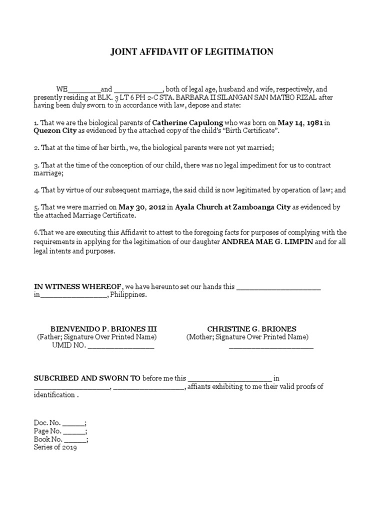 Joint Affidavit of Legitimation Template | PDF | Affidavit | Marriage