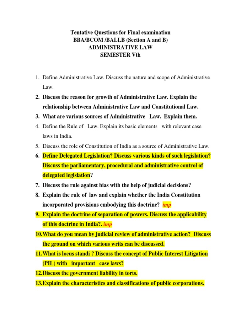 Tentative Questions For Final Examination of Administrative Law | PDF