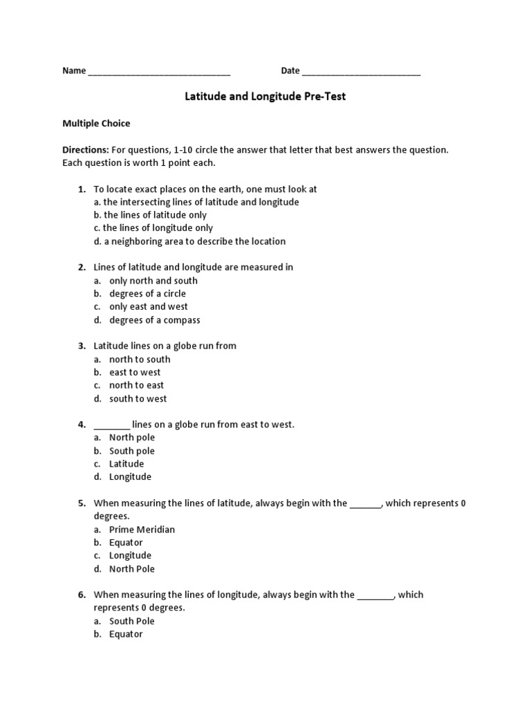 Latitude Pre-Test - Answer Key PDF | PDF | Longitude | Latitude