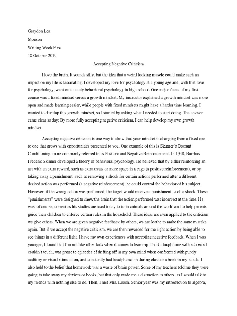 Graydon Lea Growth Mindset Essay | PDF | Reinforcement | Behaviorism