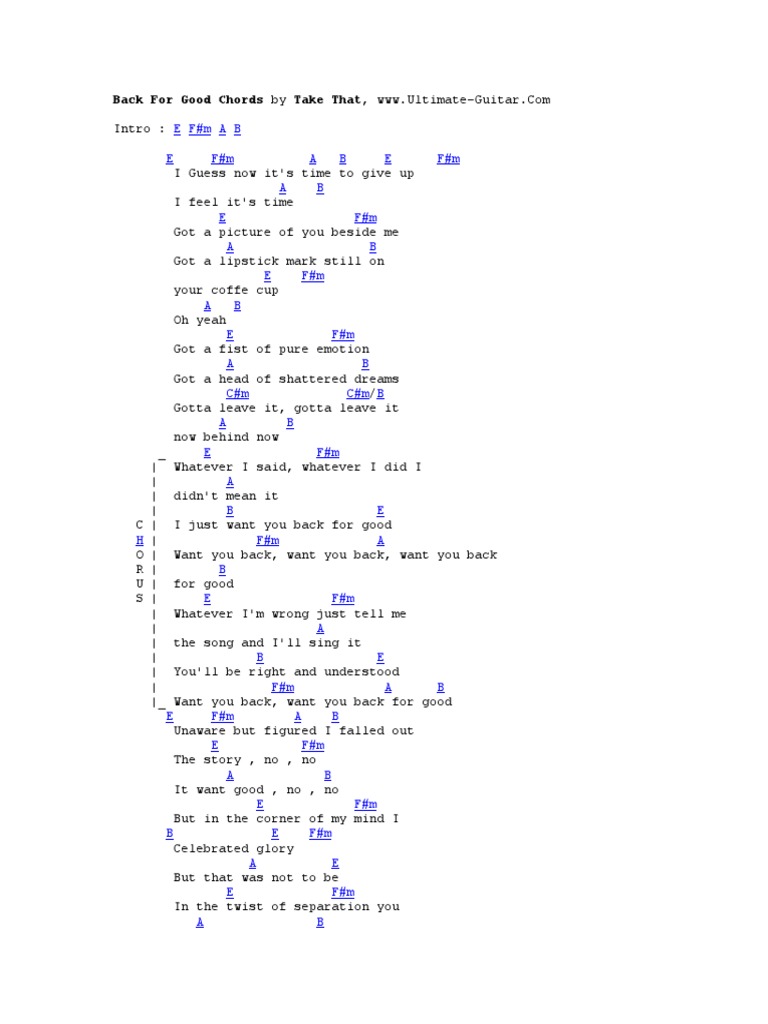 Back For Good Chords by Take That | PDF | Recorded Music | Songs