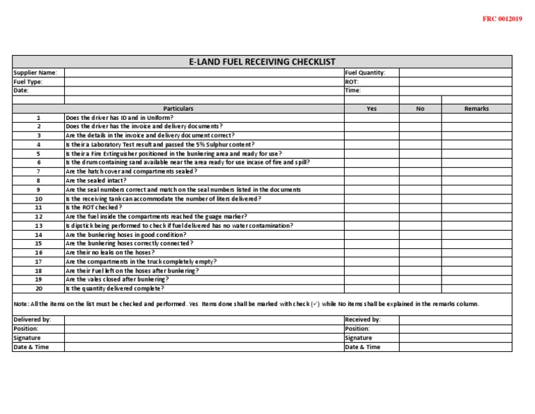 Fuel Receiving Checklist | PDF | Nature