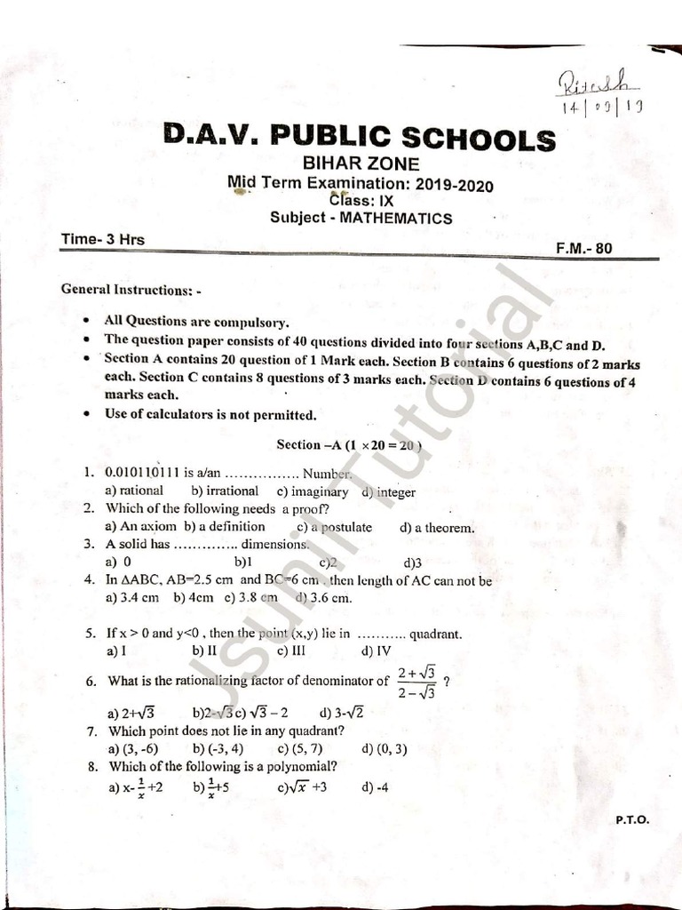 CBSE Class 9th Maths Mid Term Paper (DAV) 2019-20 PDF | PDF