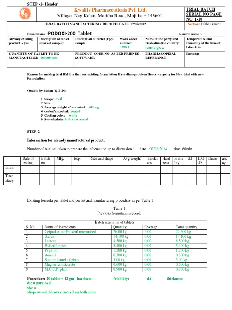 Trial Batch Record for PODOXI-200 Tablet | PDF | Tablet (Pharmacy) | Sodium