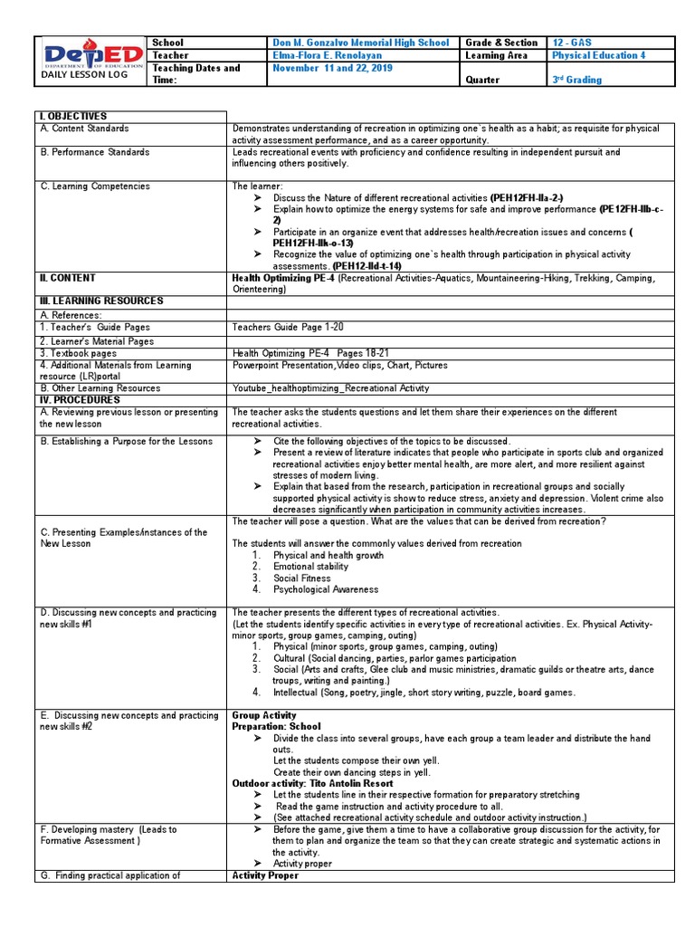 Daily Lesson Plan in Physical Education | PDF | Chemical Polarity ...