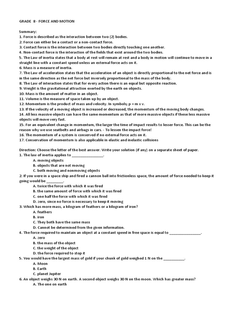 Grade 8 Force and Motion Review | PDF | Force | Momentum