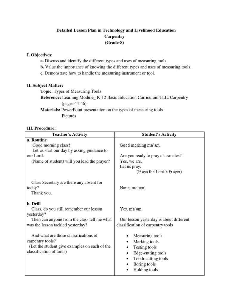Dlp Tle Carpentry 8 Types Of Measuring Tools Pdf Tools Teaching