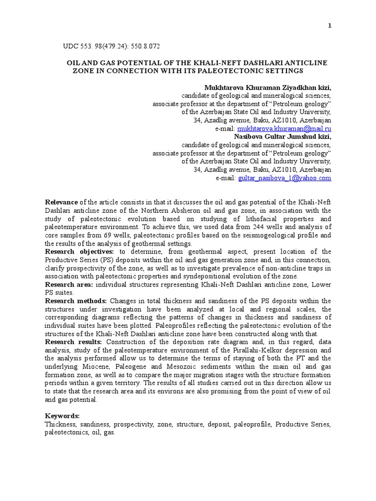 Oil and Gas Potential of The Khali-Neft Dashlari Anticline Zone in ...