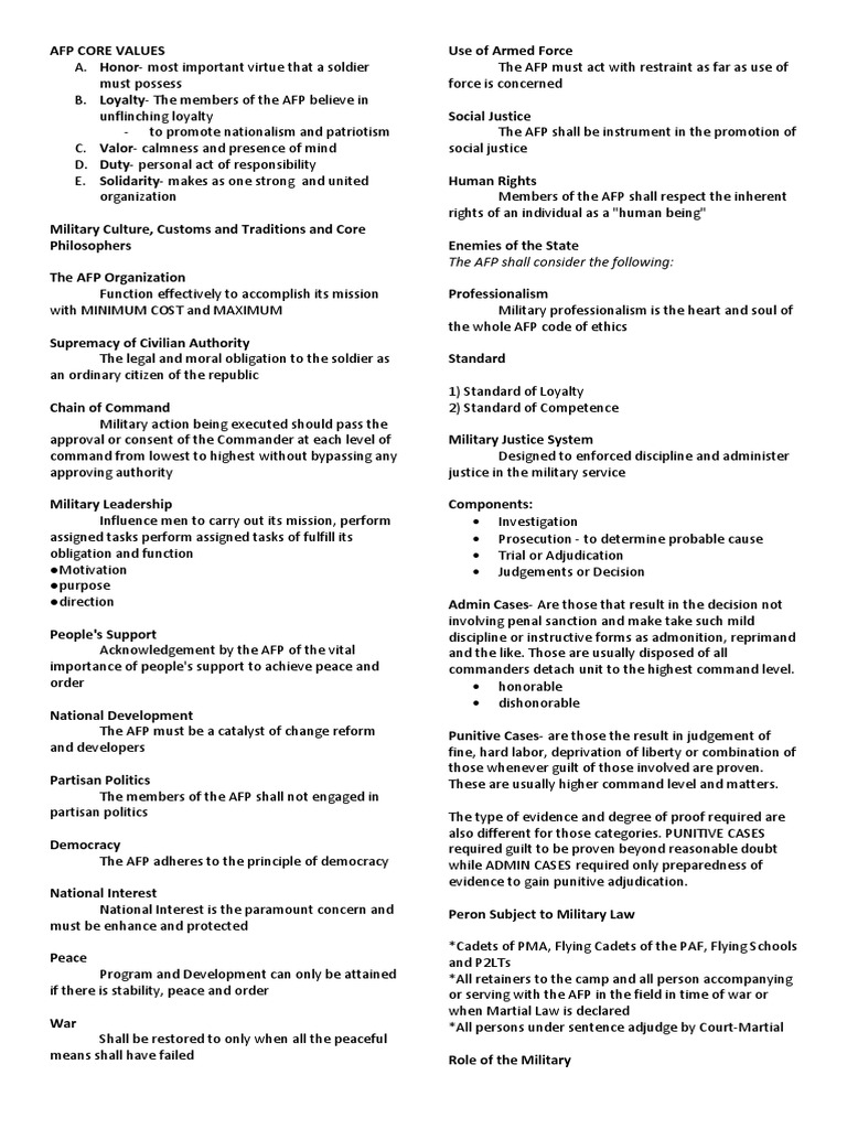 Afp Core Values | PDF | Court Martial | Value (Ethics)