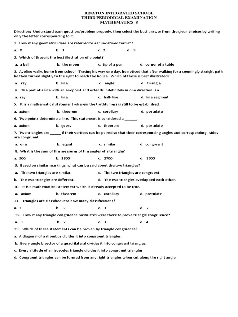 Third Prelimary Test in Math | PDF | Triangle | Line (Geometry)