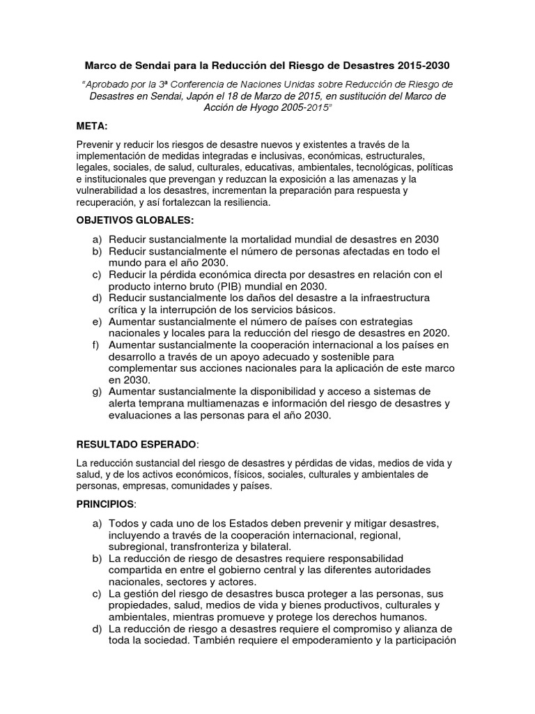 Marco Sendai | PDF | Reducción de Desastres | Desarrollo sostenible