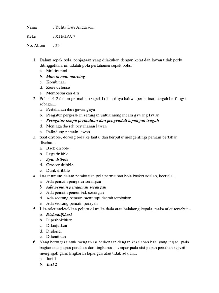 Latihan Soal PJOK Kelas XI SMA | PDF