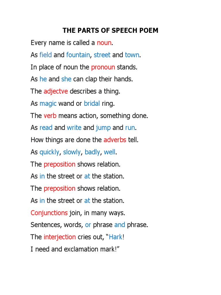Parts of Speech Poem Explained | PDF