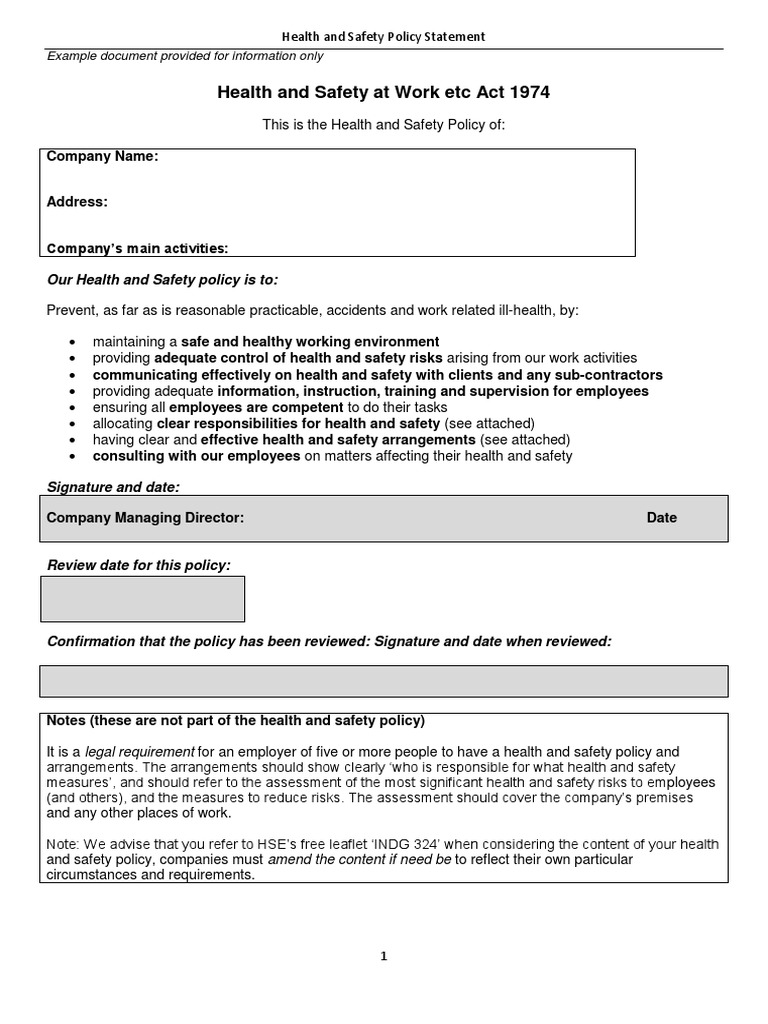 Health and Safety Policy Overview | PDF | Occupational Safety And ...