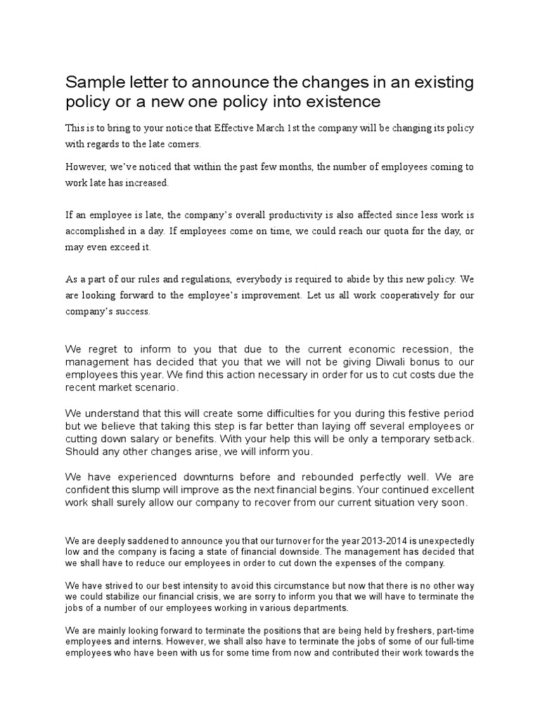 Company Notice Sample | PDF | Recession | Employment