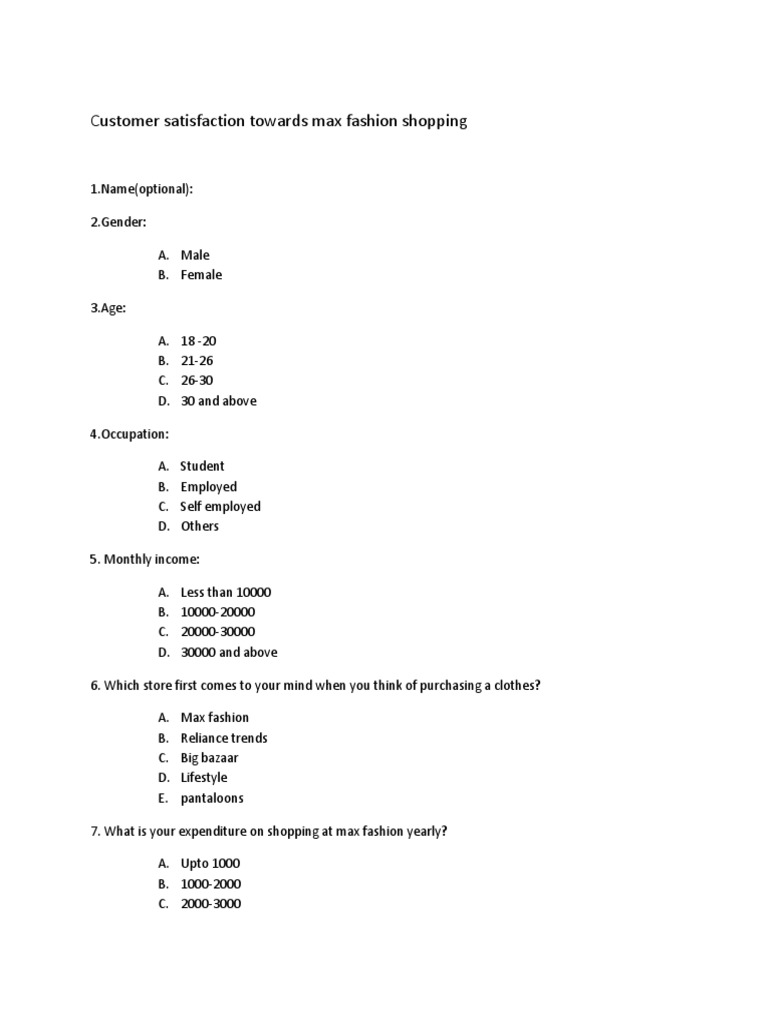 Max Fashion Customer Satisfaction Survey | PDF | Retail | Fashion