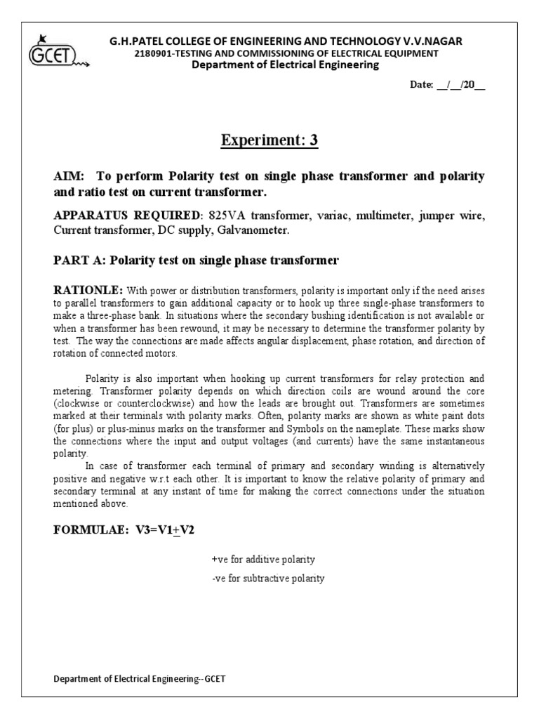 EXP-3 To Perform Polarity Test On Single Phase Transformer and Polarity ...