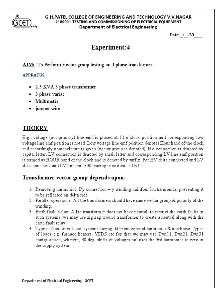 EXP-4 To Perform Vector Group Testing On 3 Phase Transformer. | PDF ...