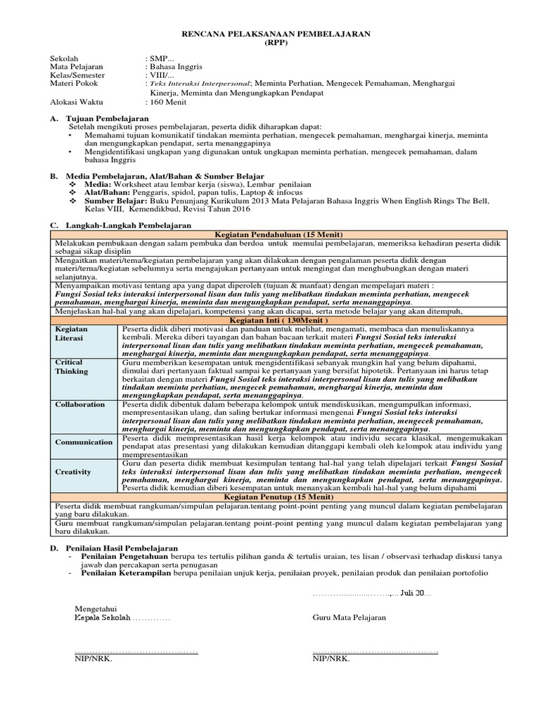 Contoh RPP 1 LBR Bing 8 | PDF