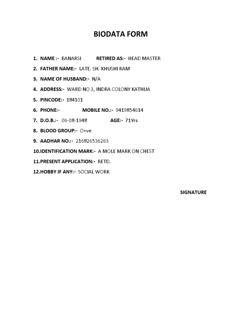 A Collection of Biographical Data Forms from Retired Government ...