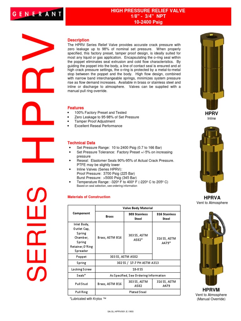 Series HPRV Product Literature | PDF | Valve | Pressure