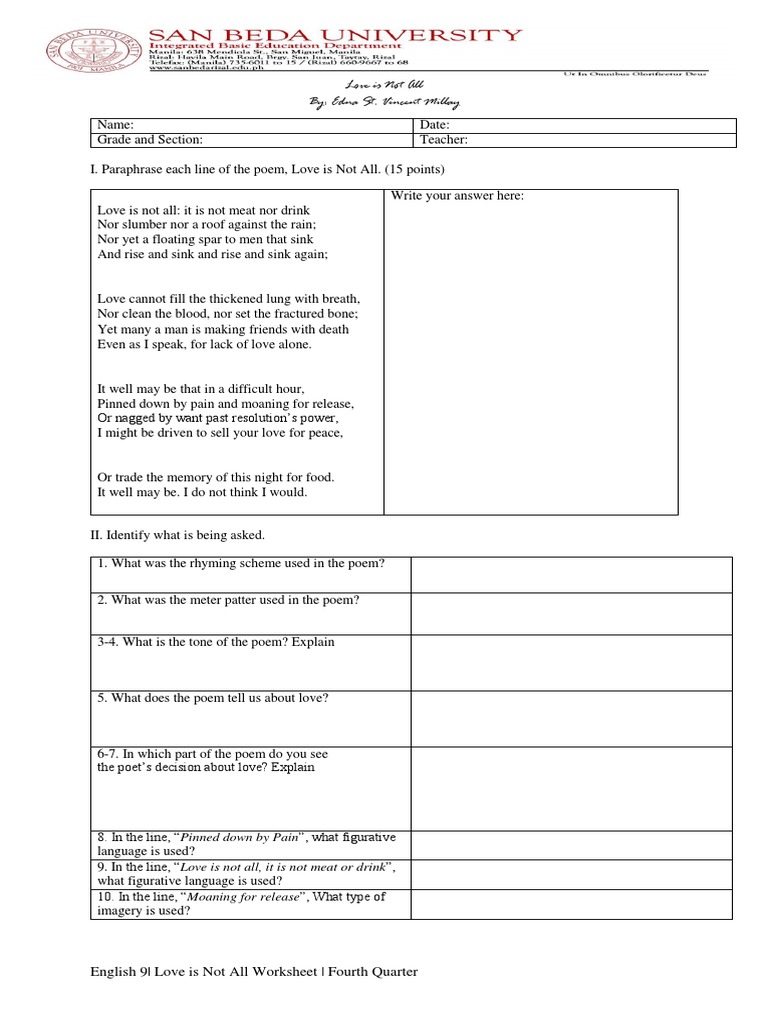 Love Is Not All Worksheet | PDF