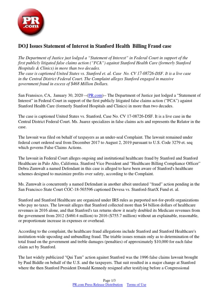 DOJ Issues Statement of Interest in Stanford Health Billing Fraud Case ...