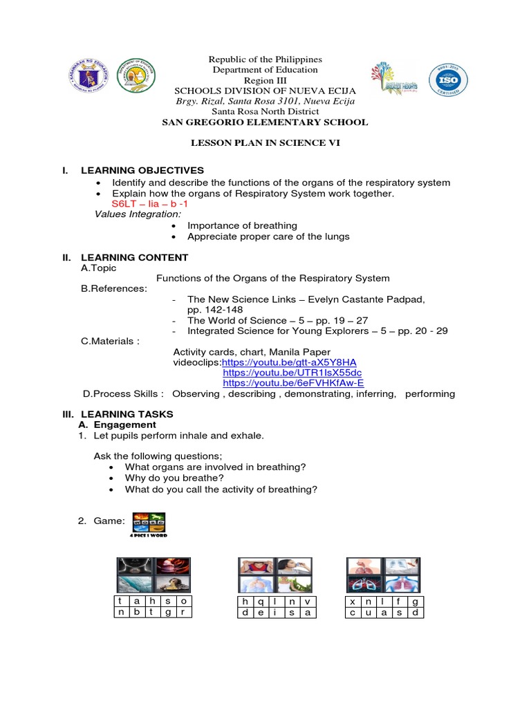 Lesson Plan in Science 6 Organs of The Respiratory System | PDF ...